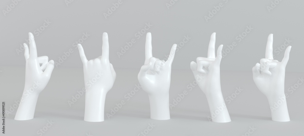 3D illustration of a row of hand models showing horn sign gesture ...