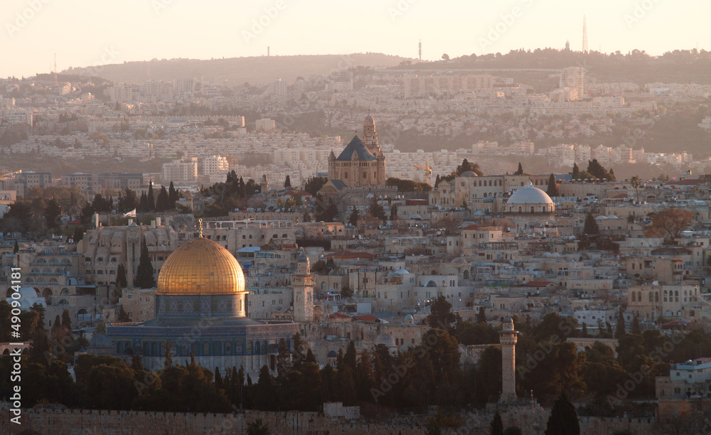 Jerusalem - the city of three religions. Old City night view: Dome of ...