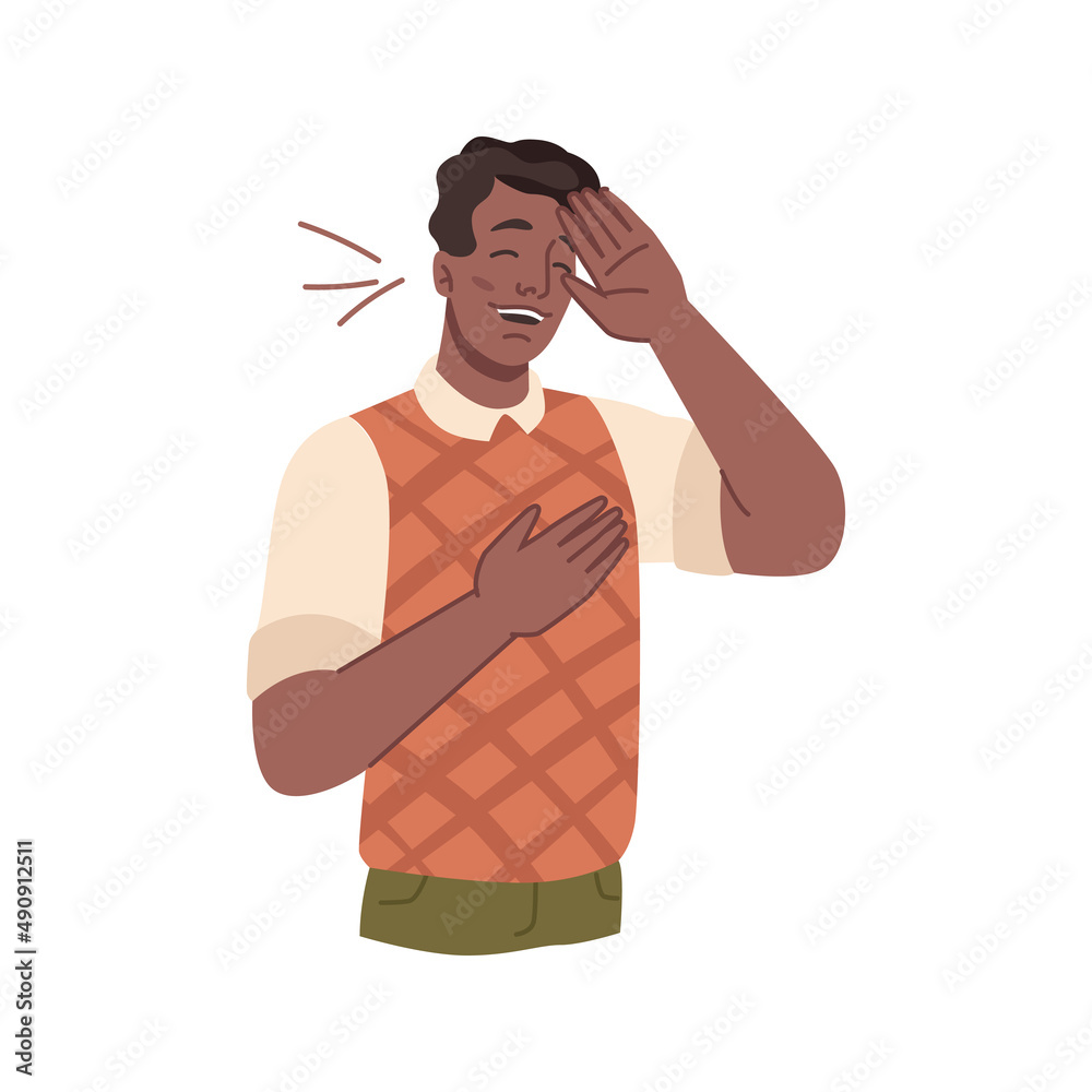 Giggling male character isolated laughing man holding head. Vector ...