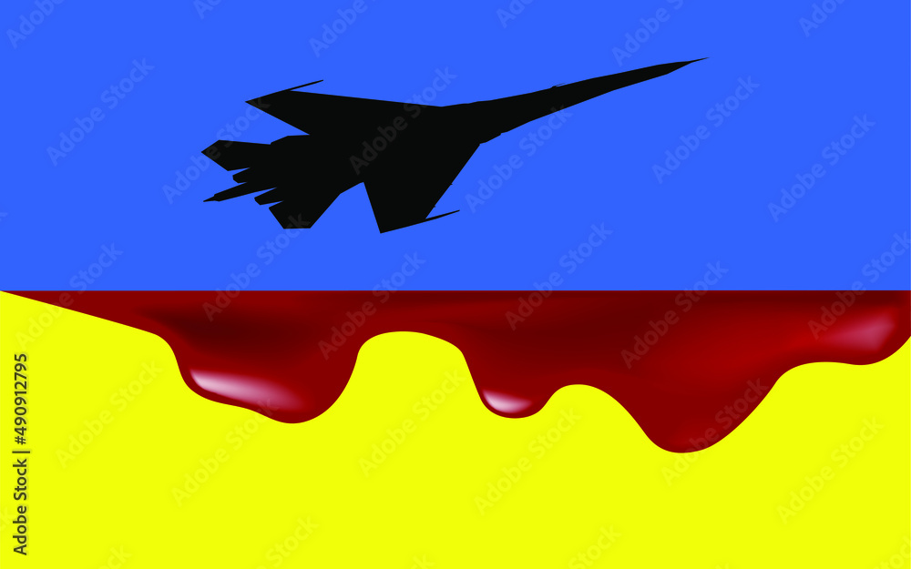 Russian military airplane and blood over Ukrainian flag, stop war in ...