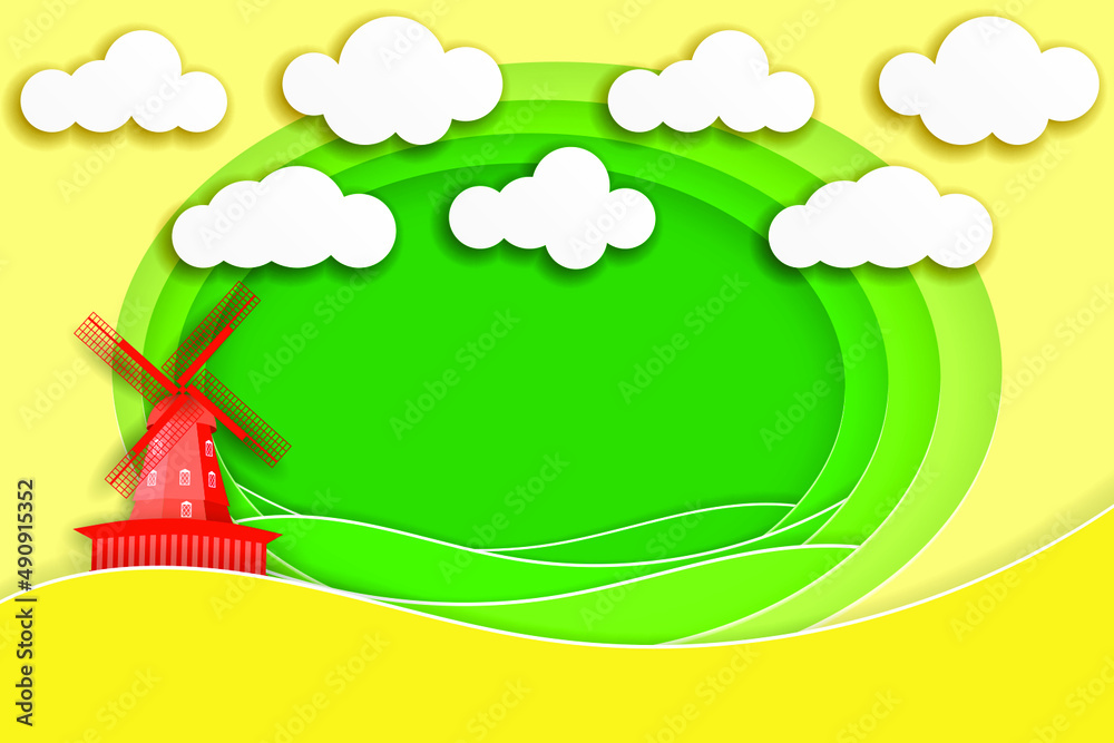 Rural landscape with windmill and meadows. Paper cut shapes and layers ...