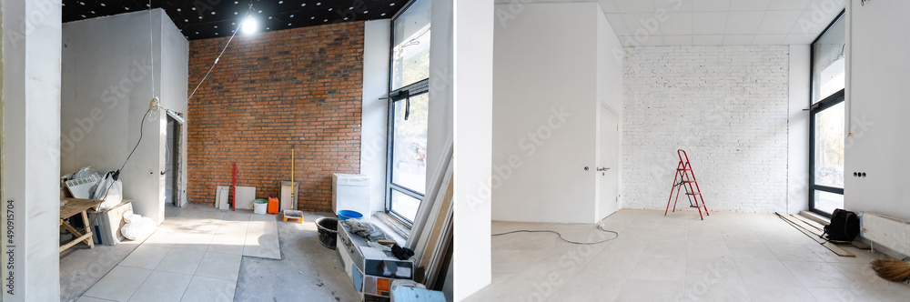Room with unfinished walls and a room after repair. Before and after ...