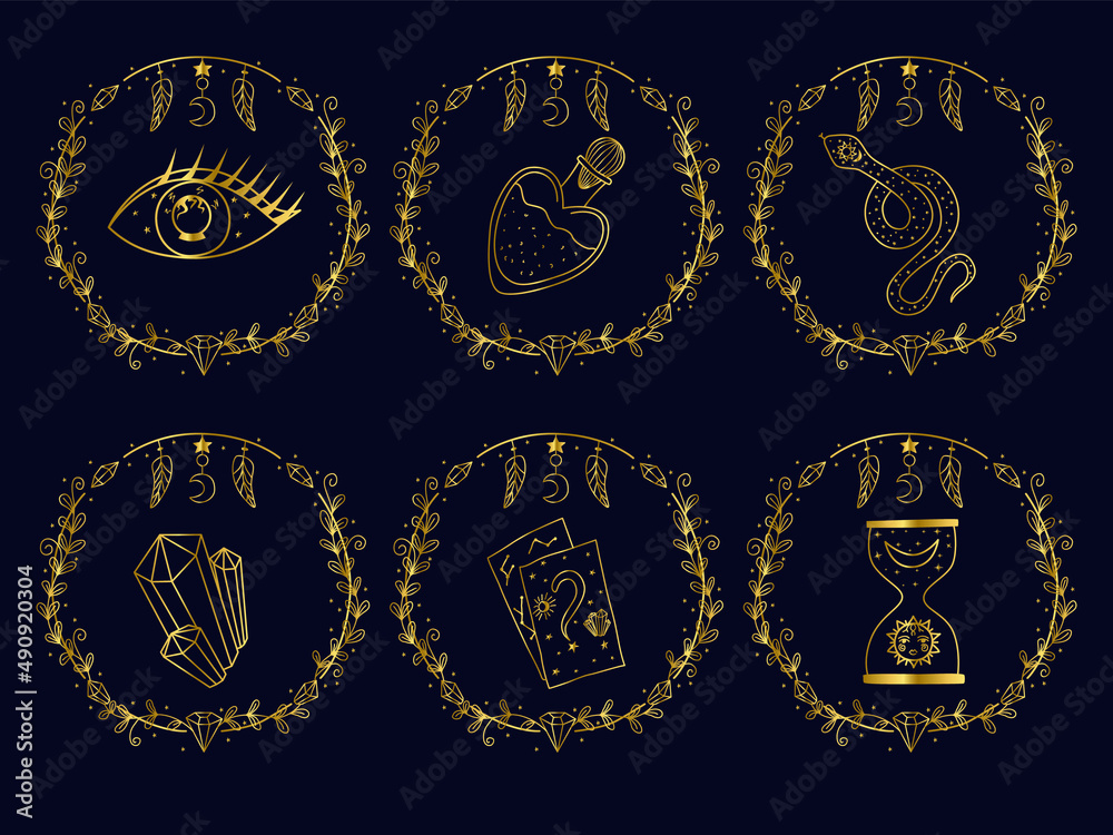 Set of vector illustrations of divination, astrology, divination hand ...