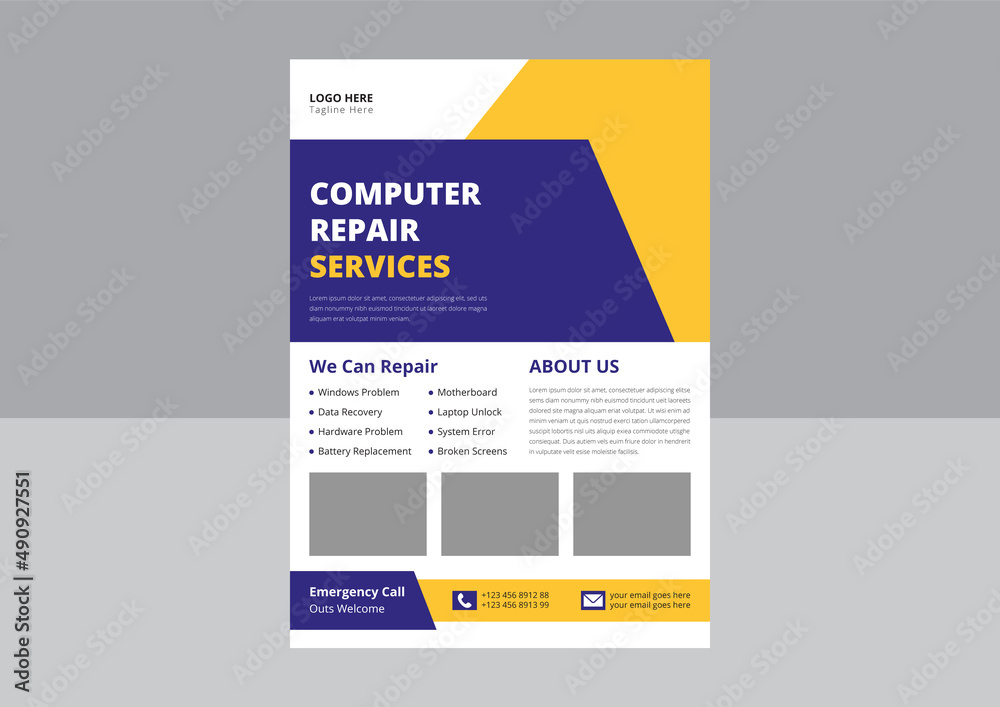 Computer repair service flyer design template. Laptop smartphone repair ...