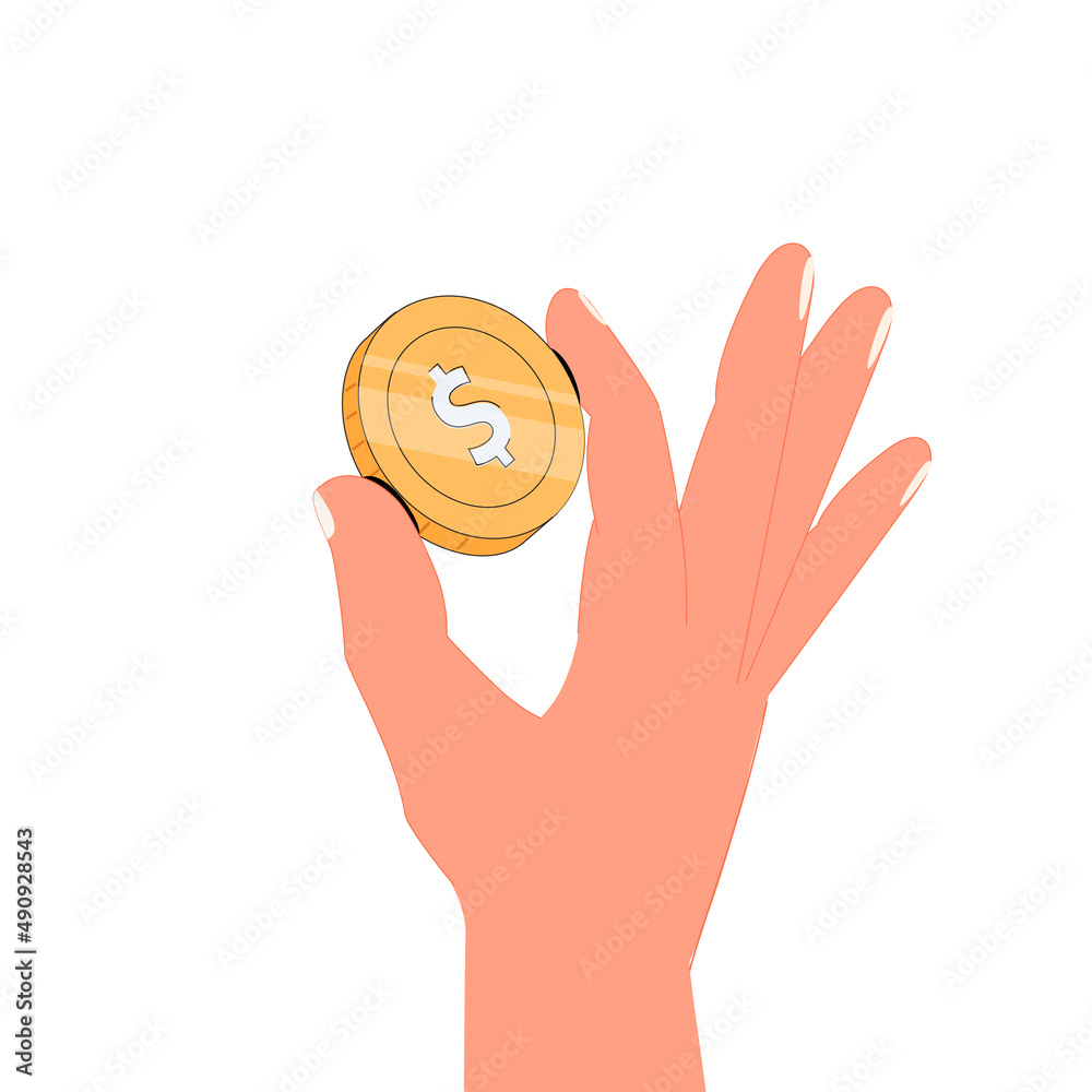 Gold coin squeezed between fingers and scratching. Hand holding cash ...