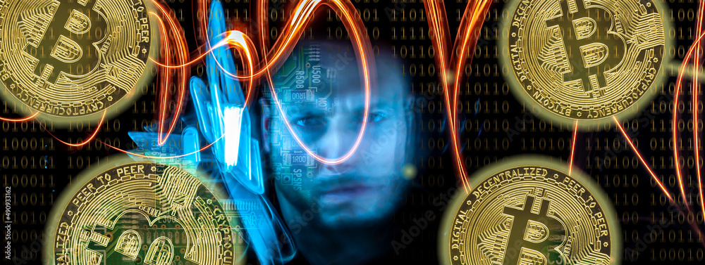Binary Code and Bitcoins on black background with an adult white ...
