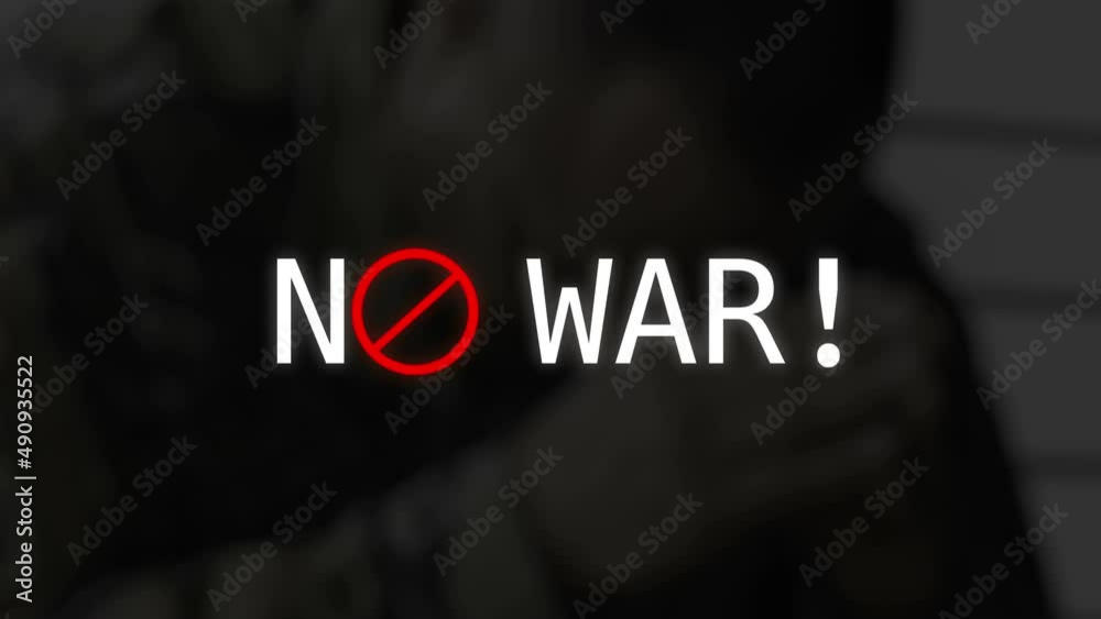 No war aniamted text appears on screen, desperate soldier praying in ...