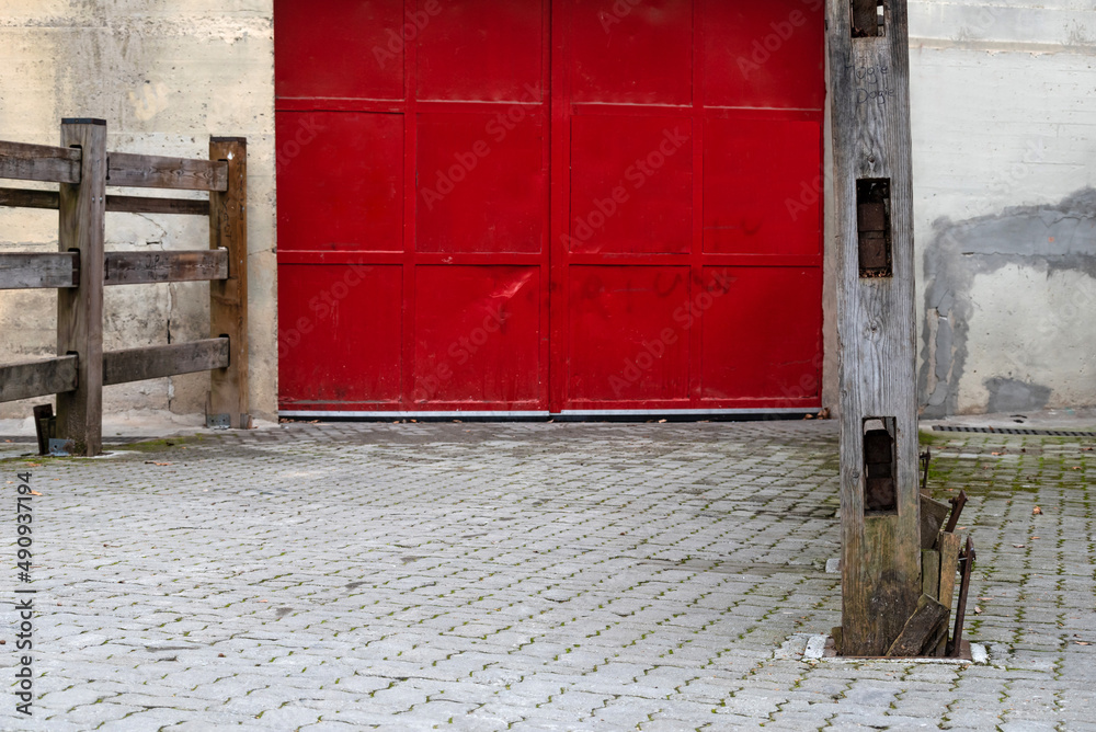 Entrance gate of bulls running in the Pamplona bullring. Running of the ...