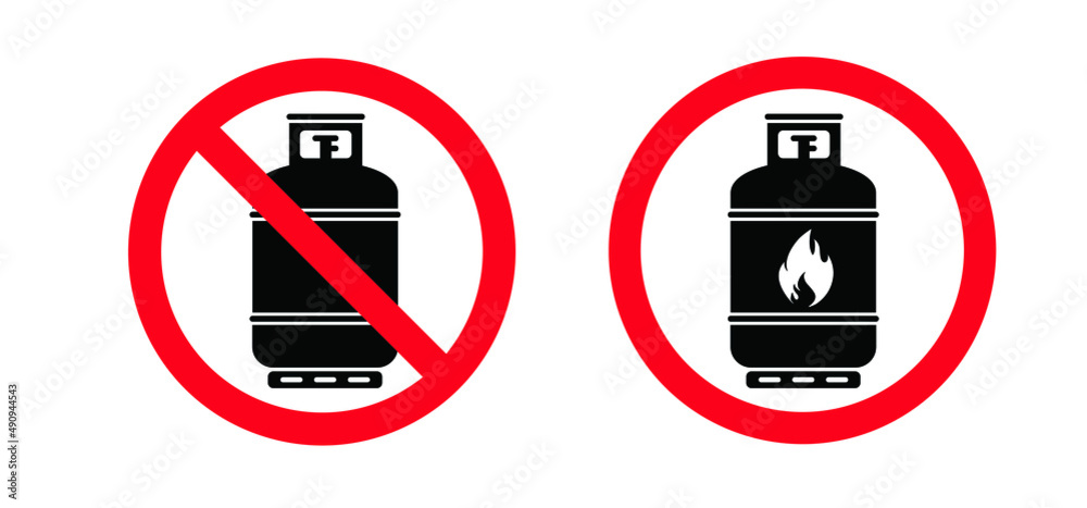 Stop, warning propane gas cylinder icon or logo. Cartoon vector gas ...