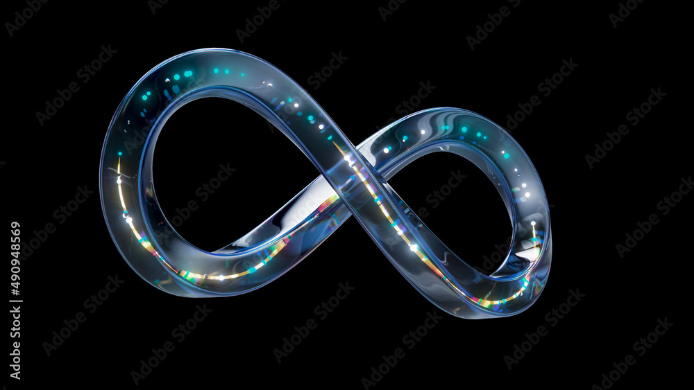 3d render Glass Infinity symbol with neon in loop animation with alpha ...
