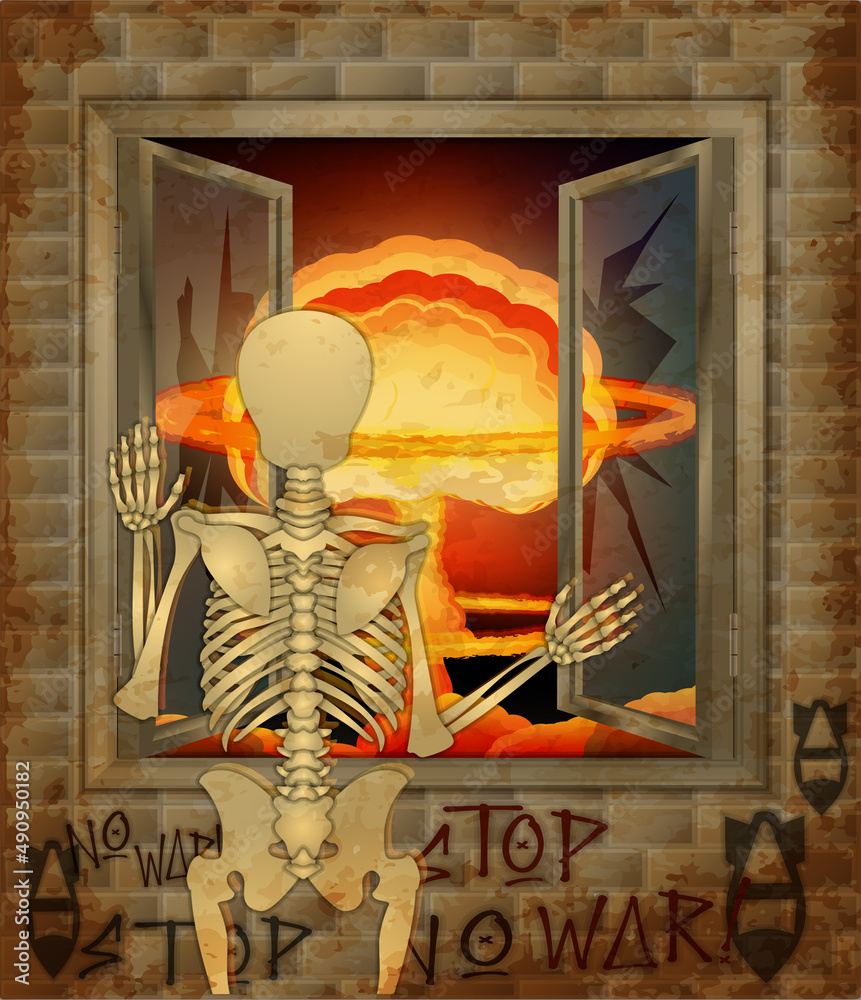 No War background, human skeleton and nuclear explosion in an broken ...