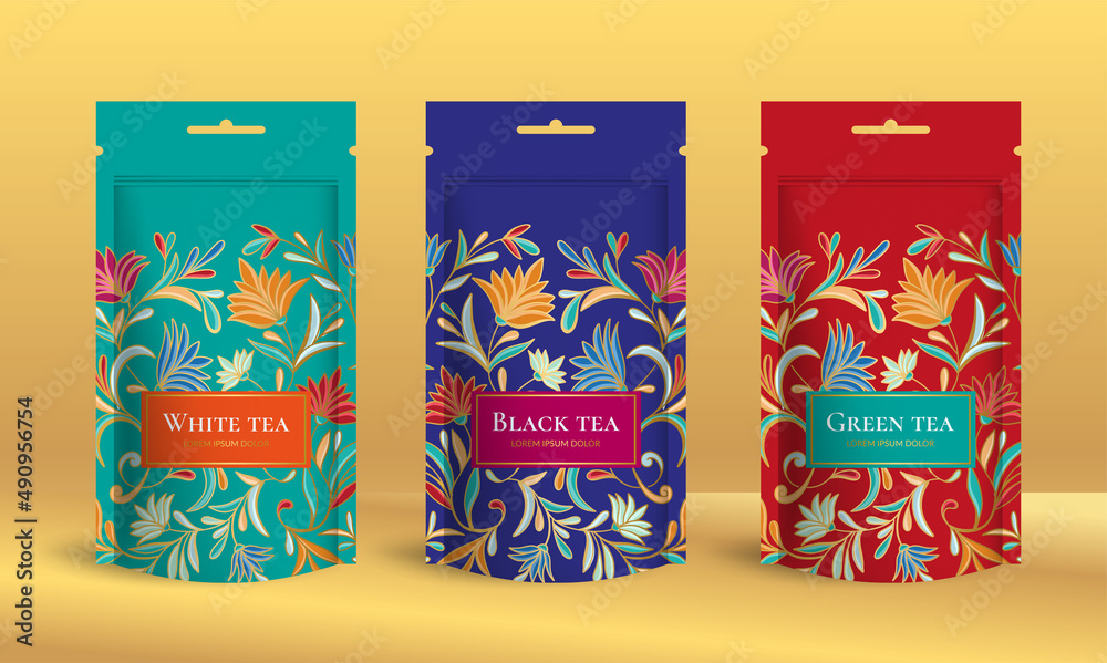 Tea packaging design with zip pouch bag mockup. Vector ornament ...