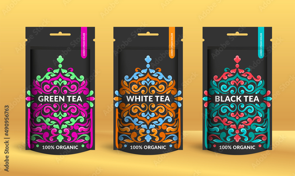 Tea packaging design with zip pouch bag mockup. Vector ornament ...