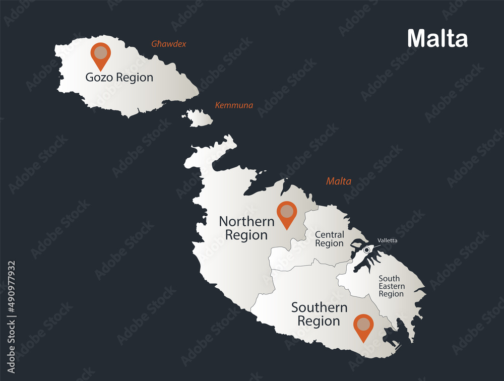 Malta regions map, Infographics flat design colors snow white, with ...