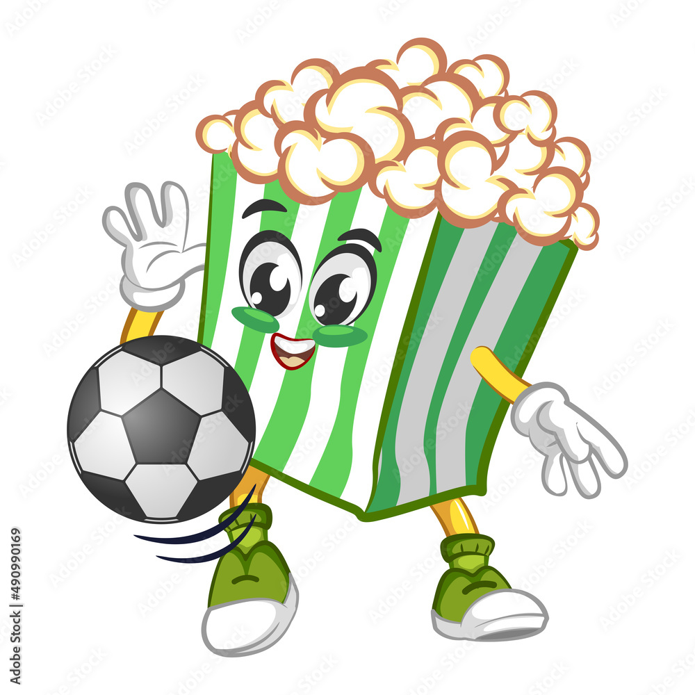 Cute popcorn character play soccer or foot ball. Vector hand drawn ...