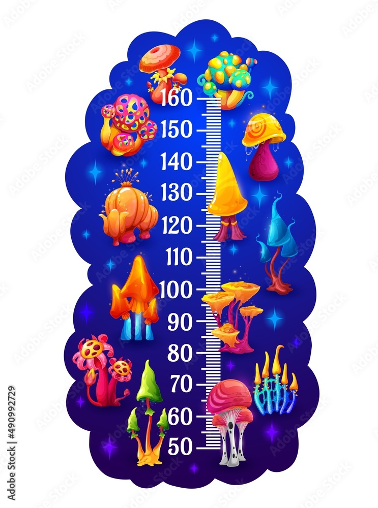 Fantasy cartoon mushrooms, vector kids height chart or growth meter ...