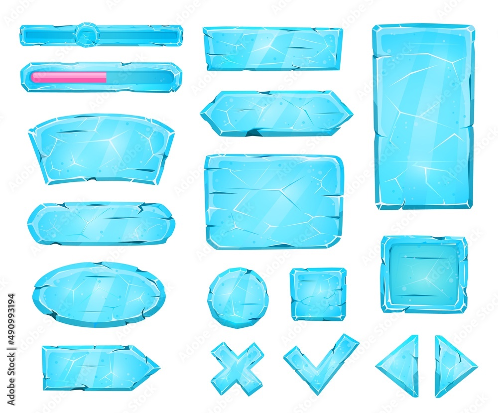 Blue ice buttons, sliders and arrow keys game asset. Vector crystal ...