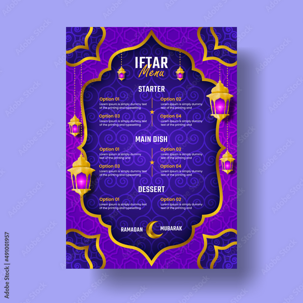 Realistic iftar menu design with lanterns and gold and purple color ...