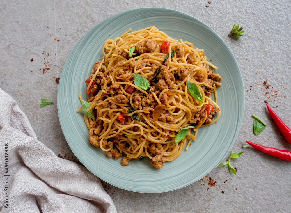 Homemade Thai gourmet. Thai Style Spaghetti aka Pad Kra Pao. Great for ...