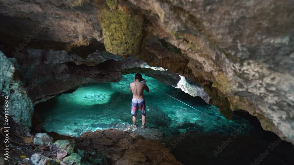 Man ready to swim in Underwater caves of Yucatan Mexico cenotes ...