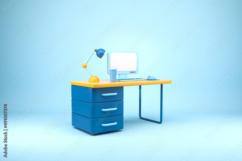 Workspace with pc desktop, table and mockup display Stock Illustration ...