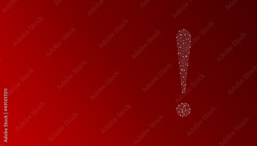 An exclamation mark icon in a glow particles form isolated on a red ...