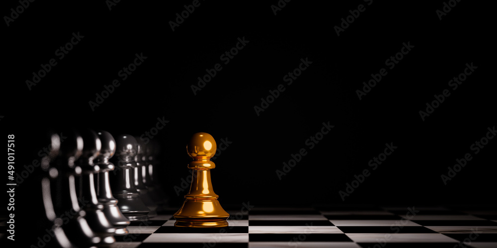 Golden pawn chess move out from line for different thinking and leading ...