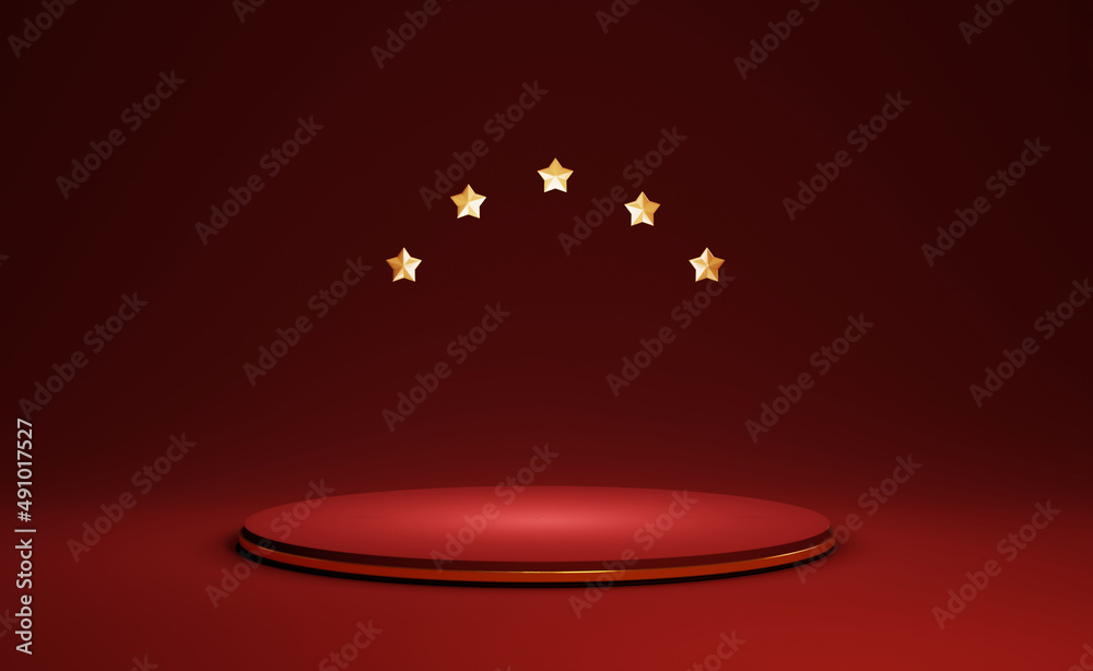 Premium red round podium with five golden stars for showing product ...