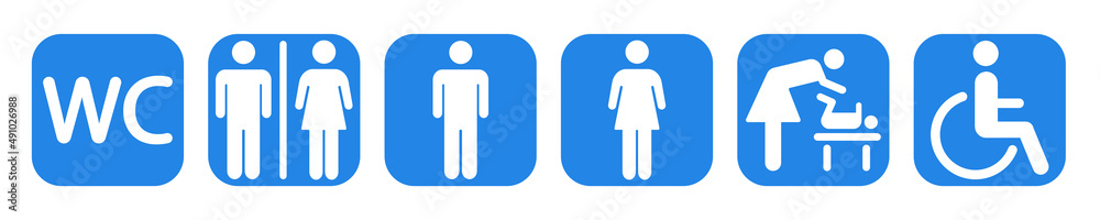 WC symbols. Set with toilet sign. Blue and white pictograms. Vector set ...