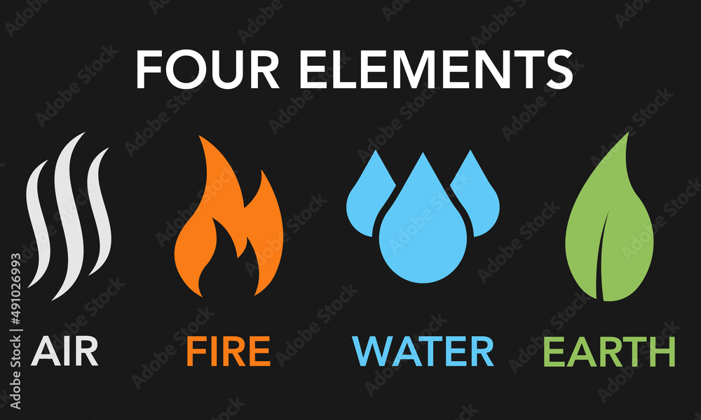 Four elements nature vector set icons. Colored symbols with air, fire ...