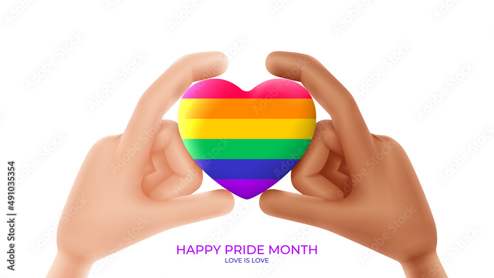 Pride month banner with 3d cartoon hands and heart. 3d white and black ...