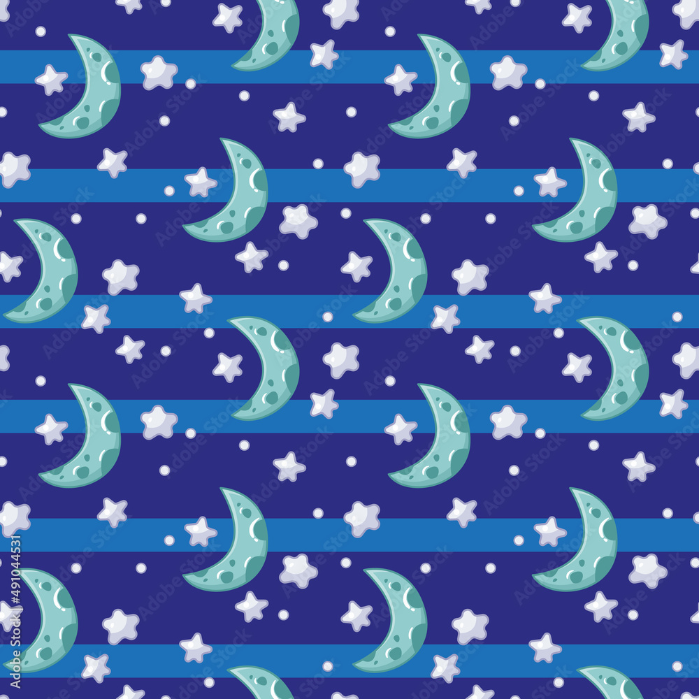 Seamless pattern with cute stars and moon on a blue striped background ...