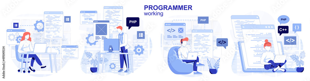 Programmer Working Isolated Set In Flat Design People Programming Software Coding Testing 9478