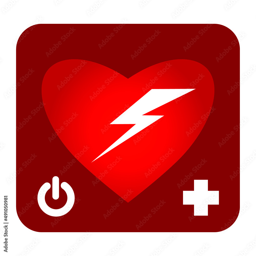 red defibrillator icon There is lightning in the middle, an open button ...