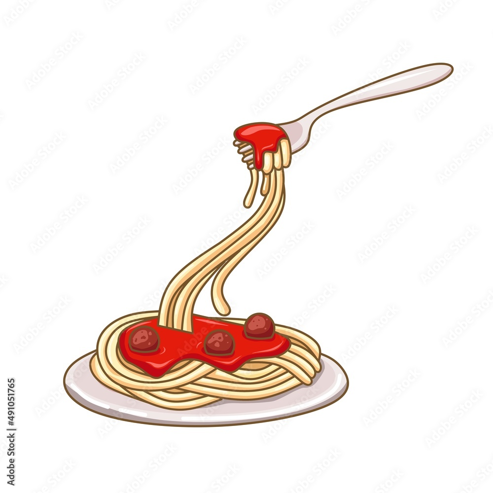 Vector illustration of Spaghetti Noodles with Meat Balls. Premium Food ...