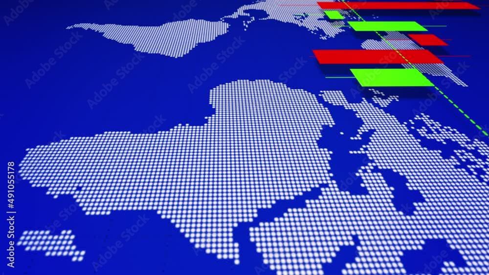 Candlestick stock market chart with a dots world map. Seamless loop ...