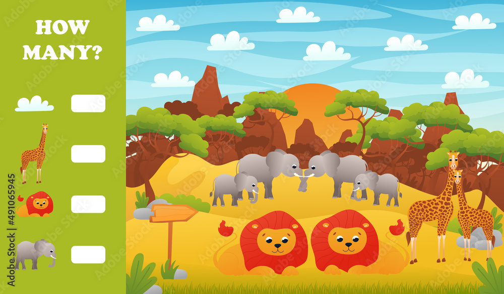 Printable educational worksheet for kids with how many puzzle, safari ...