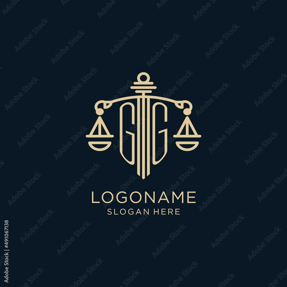 Initial GG logo with shield and scales of justice, luxury and modern ...