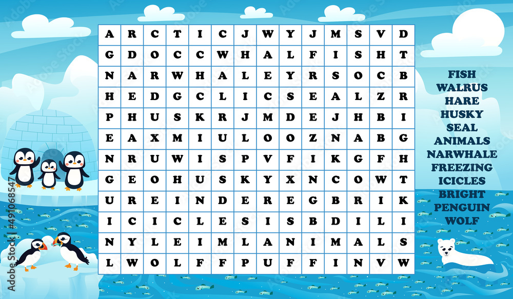 Educational word search game for kids with arctic animals, seal ...
