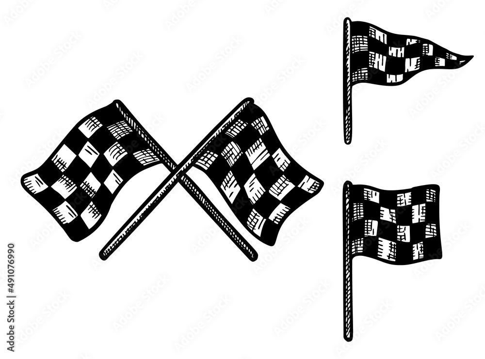 Set race flags elements sketch isolated. Vintage element for driving ...