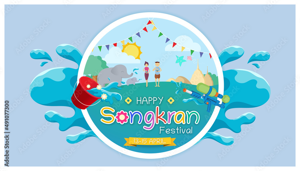 Songkran festival in thailand in Banner or logo design with Human ...