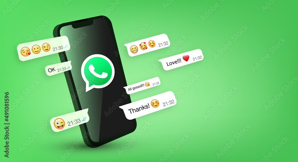 Whatsapp on 3d smartphone screen, chat and emoticon Isometric concept ...