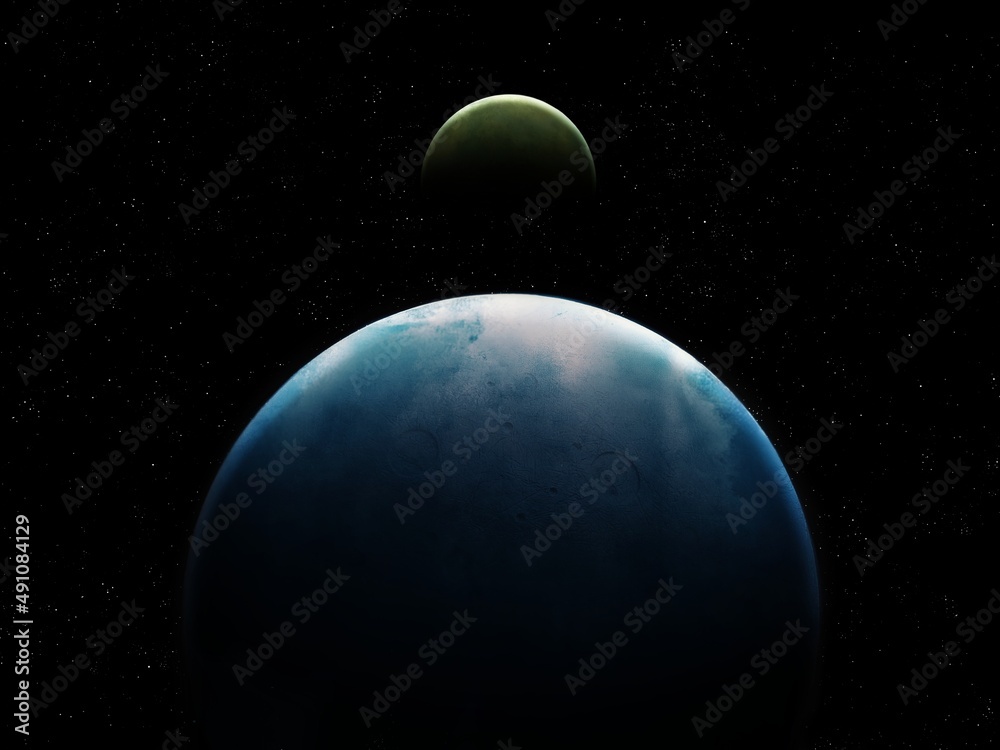Two planets in deep space. Extrasolar planetary system. View from space ...