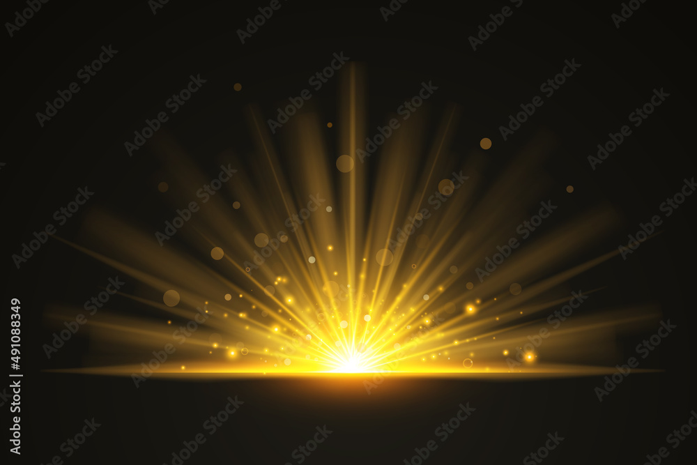 Horizontal golden flare light effects on dark background. Lens flares ...