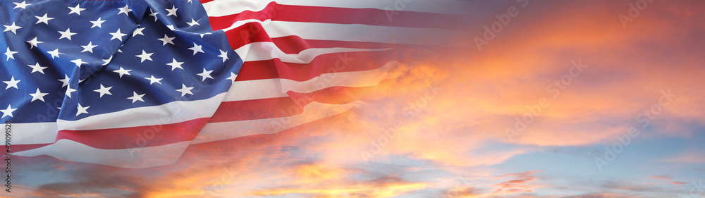 American flag in sunny sky. Wide web header banner Stock Photo | Adobe ...