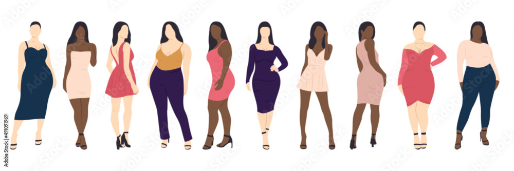 Women clothing vector set. Woman in jeans, short and medium skirts ...