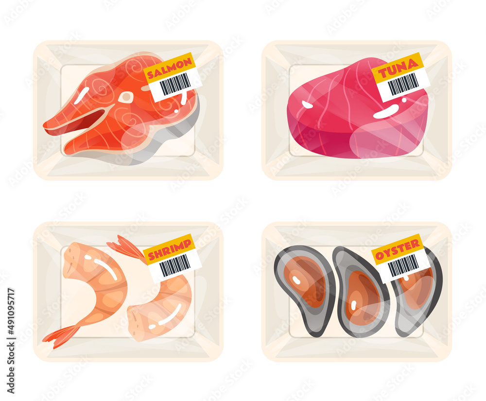 Seafood fish slice meat packing in plastic trays isolated set. Vector ...