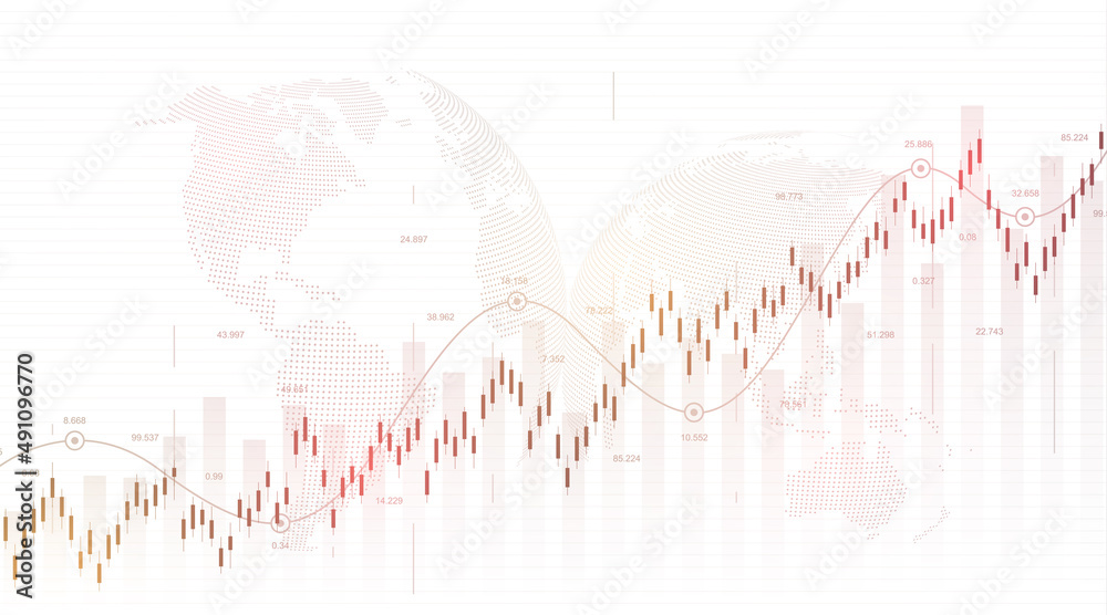 Abstract financial chart with uptrend line graph and world map on black ...