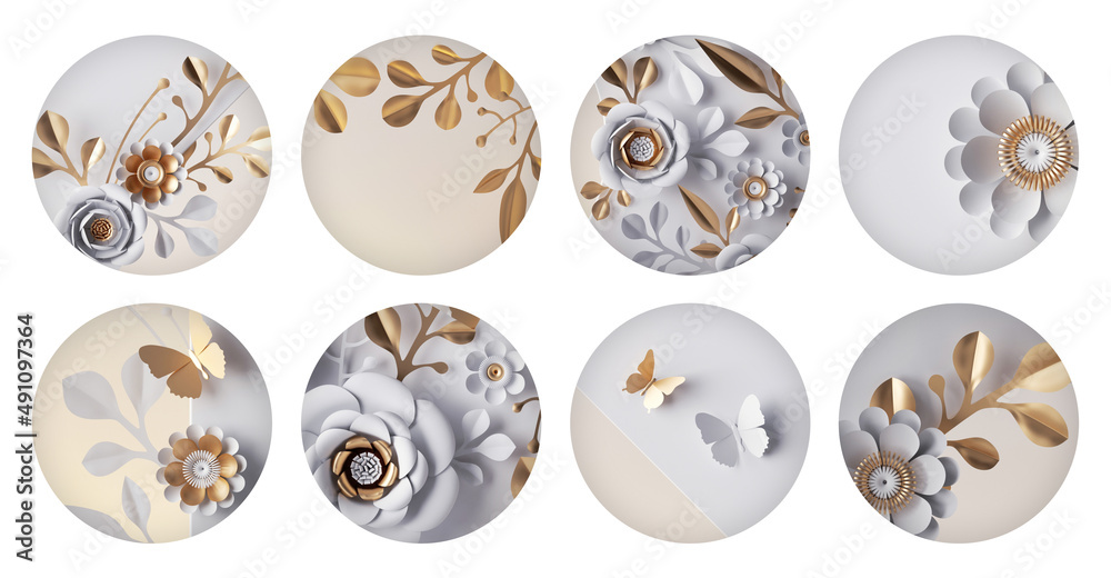 3d illustration, set of round floral stickers or labels isolated on ...