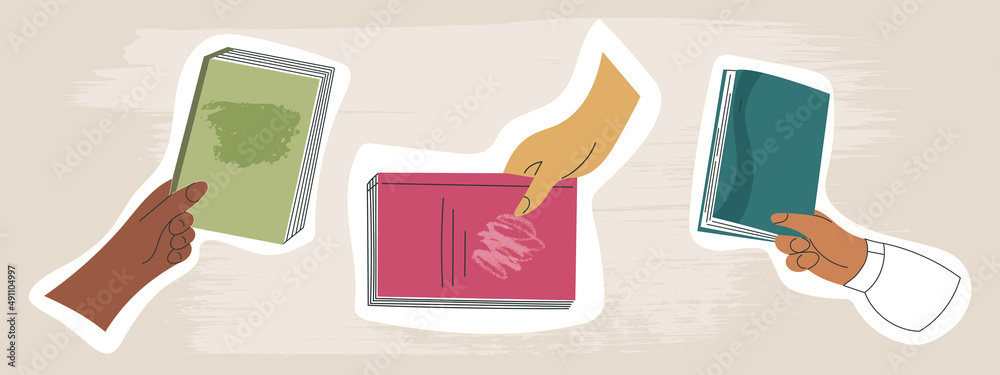 Set of hand giving book to exchange sharing, bookcrossing isolated flat ...